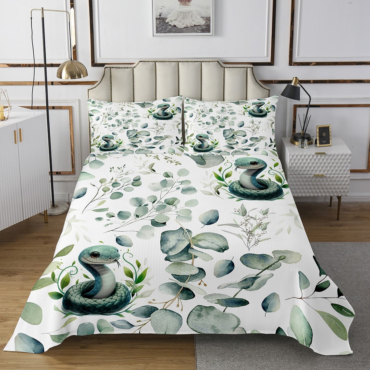 Cute Snake King Quilt Set Green Eucalyptus Coverlet Set, Animal Bedding ...