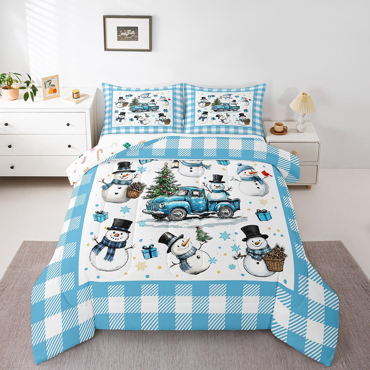 YST Cute Snowman Comforter Set Queen Cartoon Christmas Bedding Set For ...