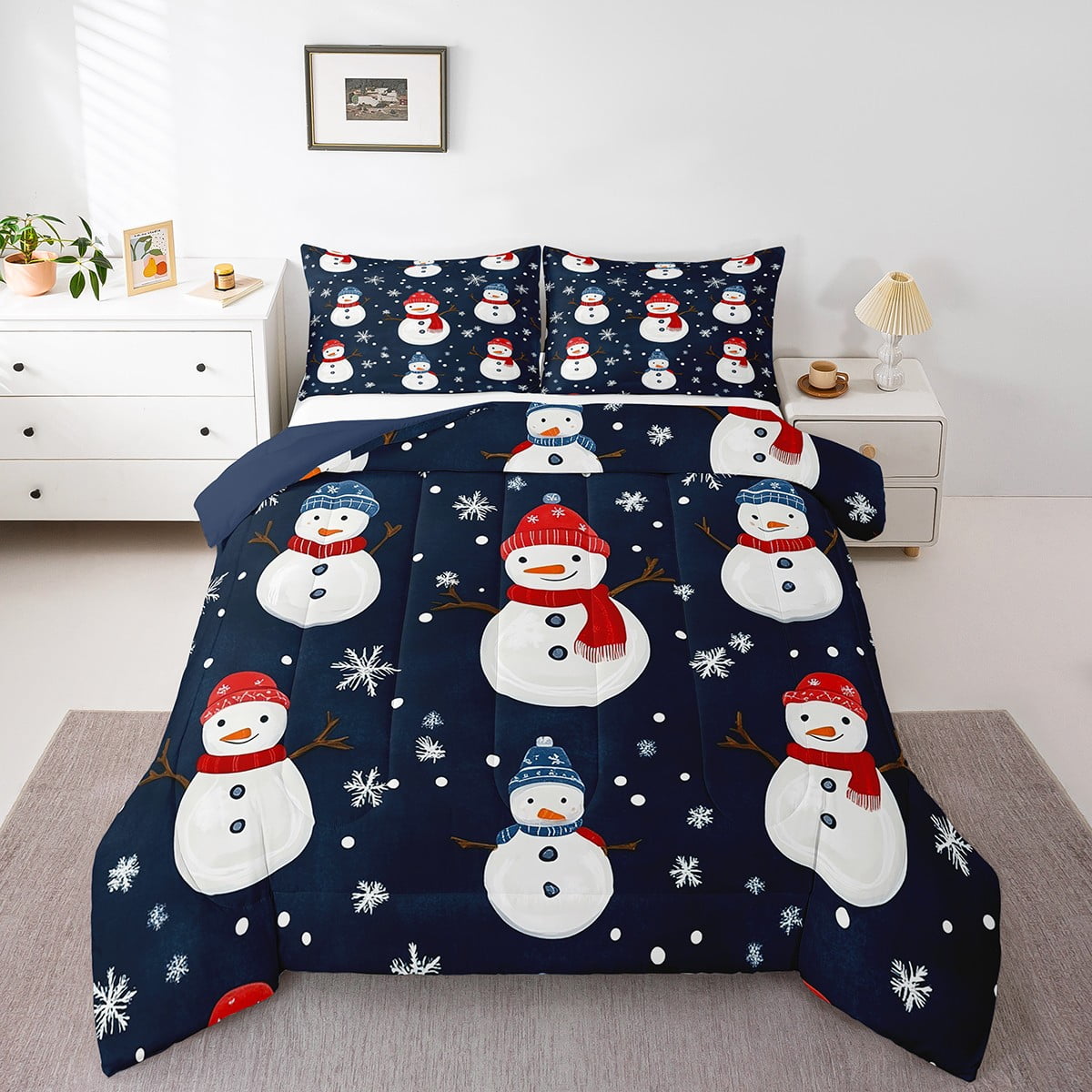 Cute Snowman Queen Comforter Set,Winter Snowflake Snowman Kawaii ...