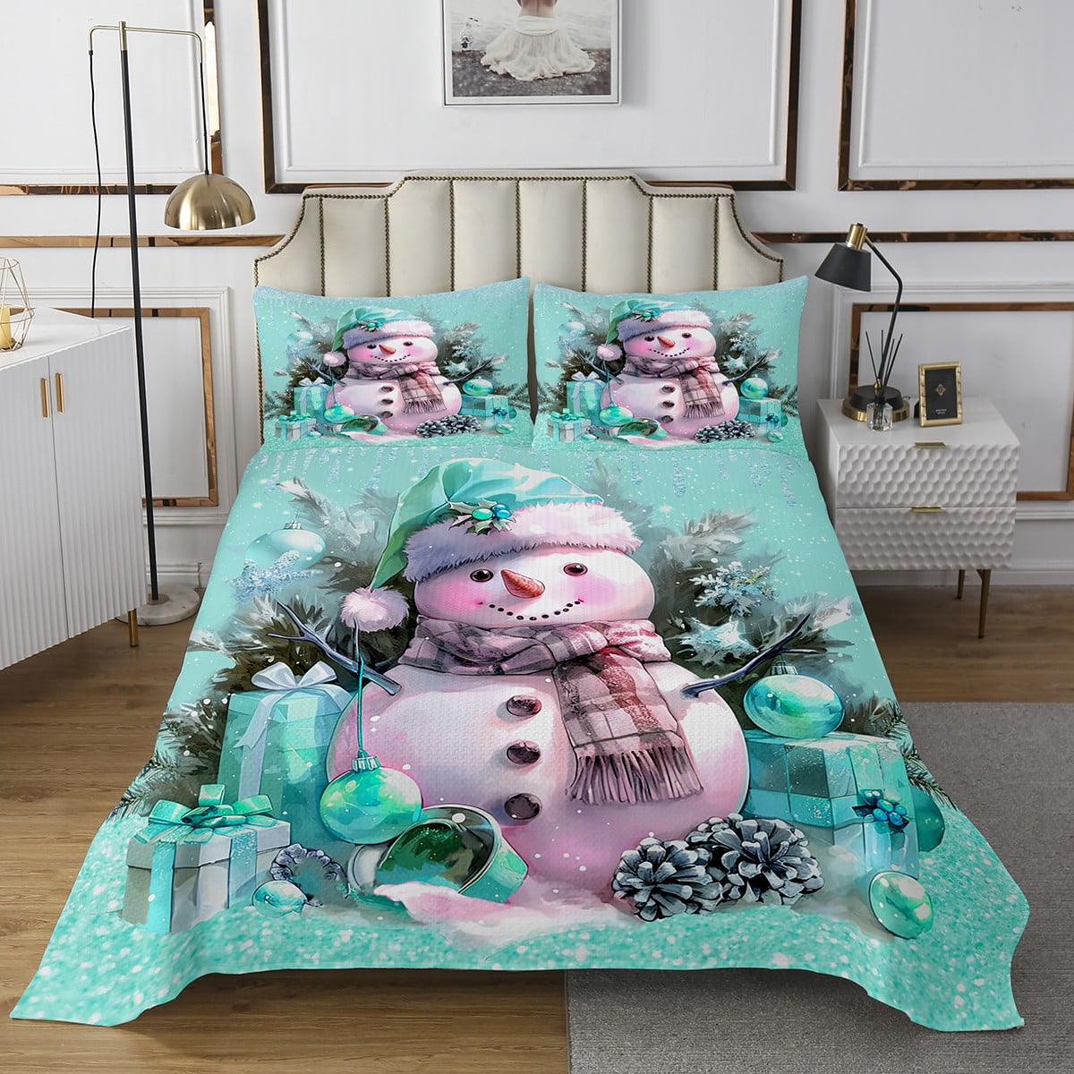 Cute Snowman Turquoise King Quilt Bedding Set,Christmas Decorations ...