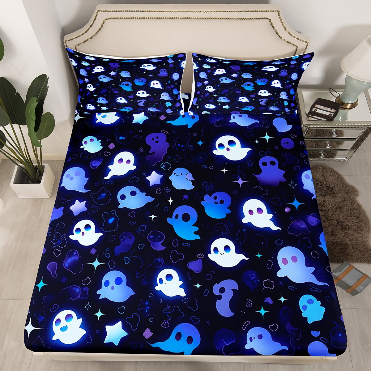 YST Cute Spooky Animal Twin Fitted Sheet Kawaii Ghost Print Bedding ...