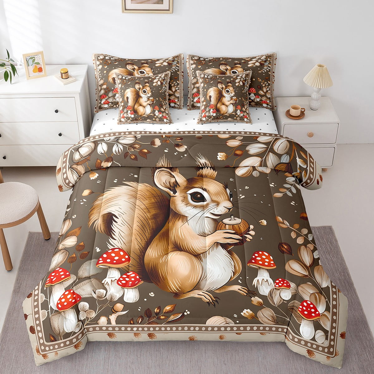 Erosebridal Cute Squirrel Comforter Set 7 Piece Twin Fall Mushroom Leaves Bedding Set Woodland ...