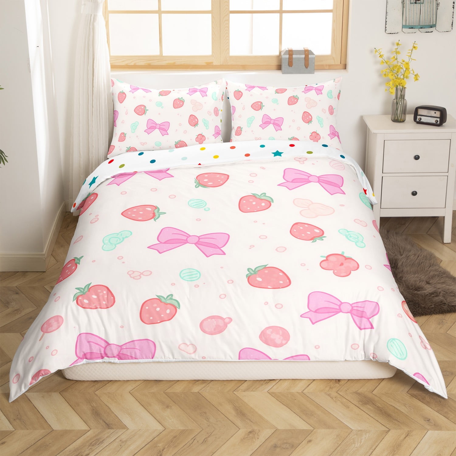 YST Cute Strawberry Duvet Cover Full Size, Cartoon Bow Knot Bedroom ...