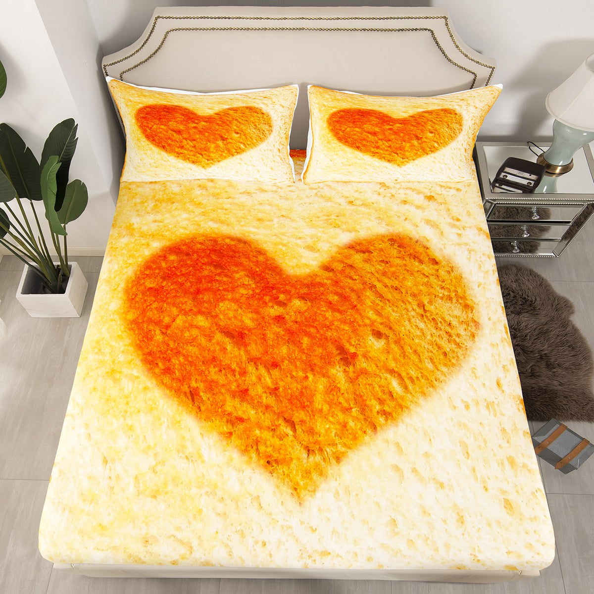 Cute Toast Bread Fitted Sheet Full Adults,Love Heart Kawaii Bedding Set ...