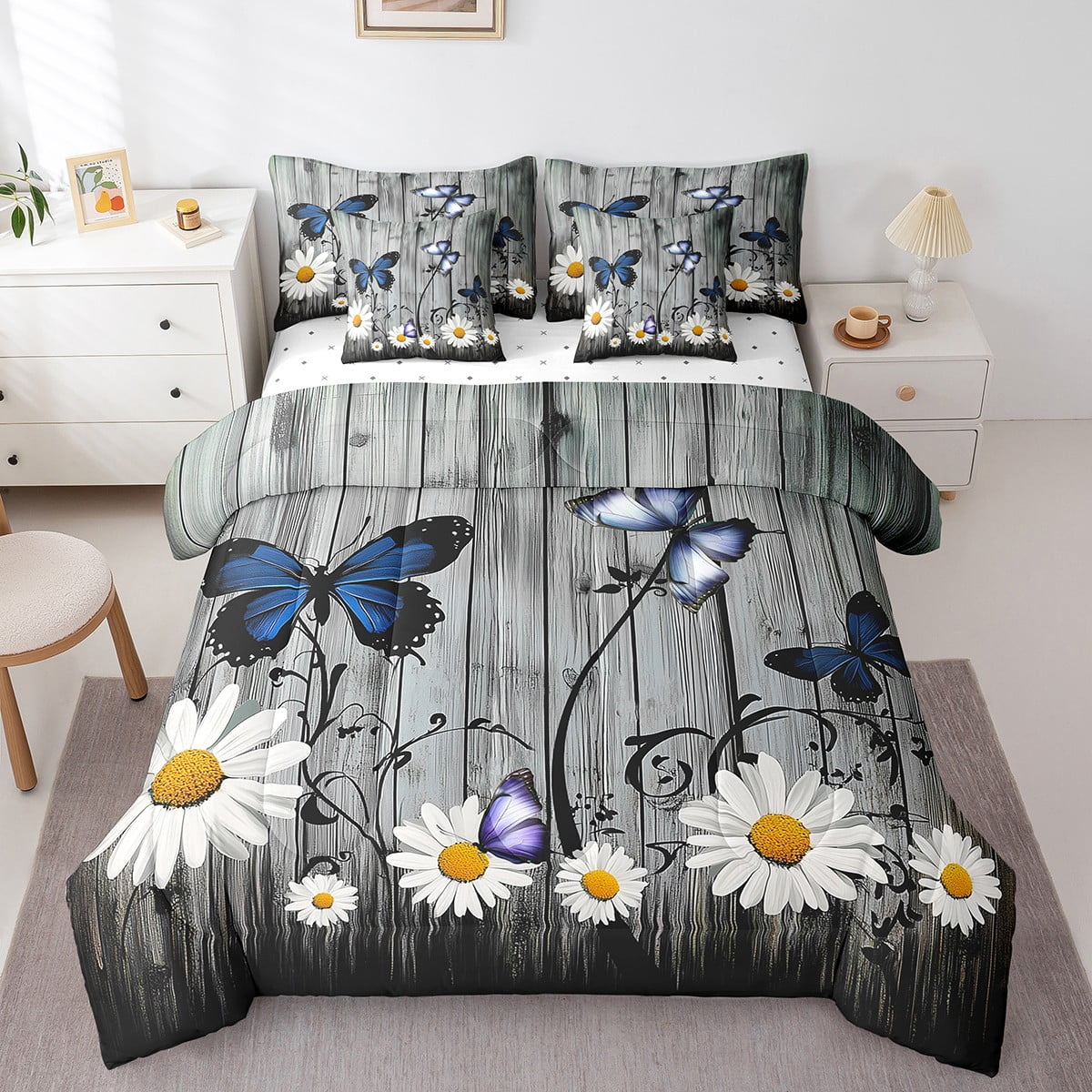 YST Daisy Comforter Set With Sheets 7 Piece, Kids Butterfly Floral Bed ...