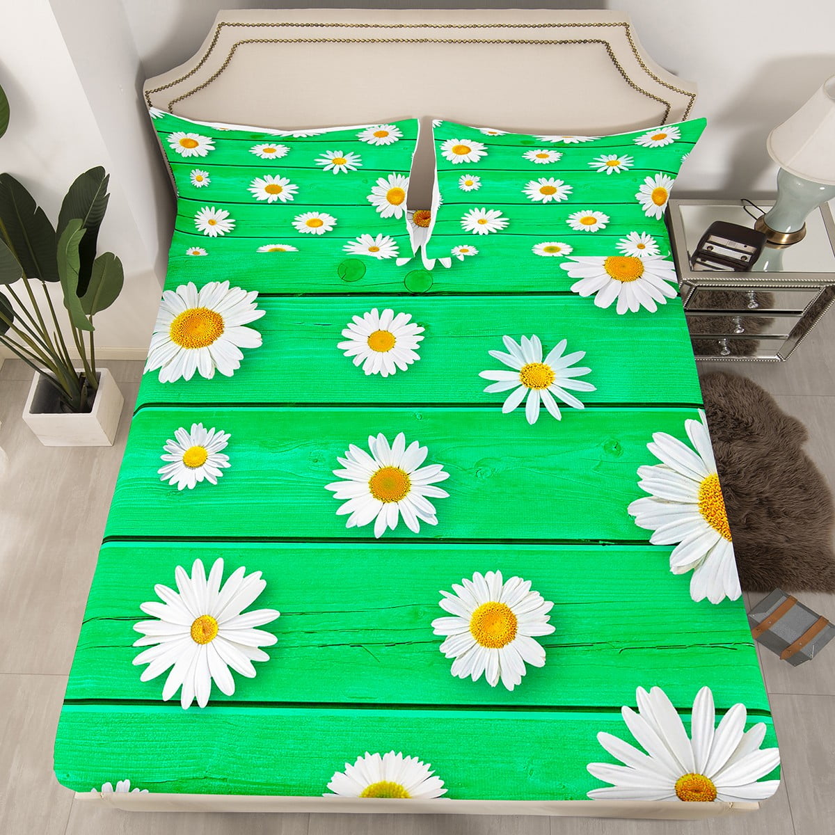 Daisy Fitted Sheet White Flowers Queen Bed Sheets ,Boho Floral Sheets ...