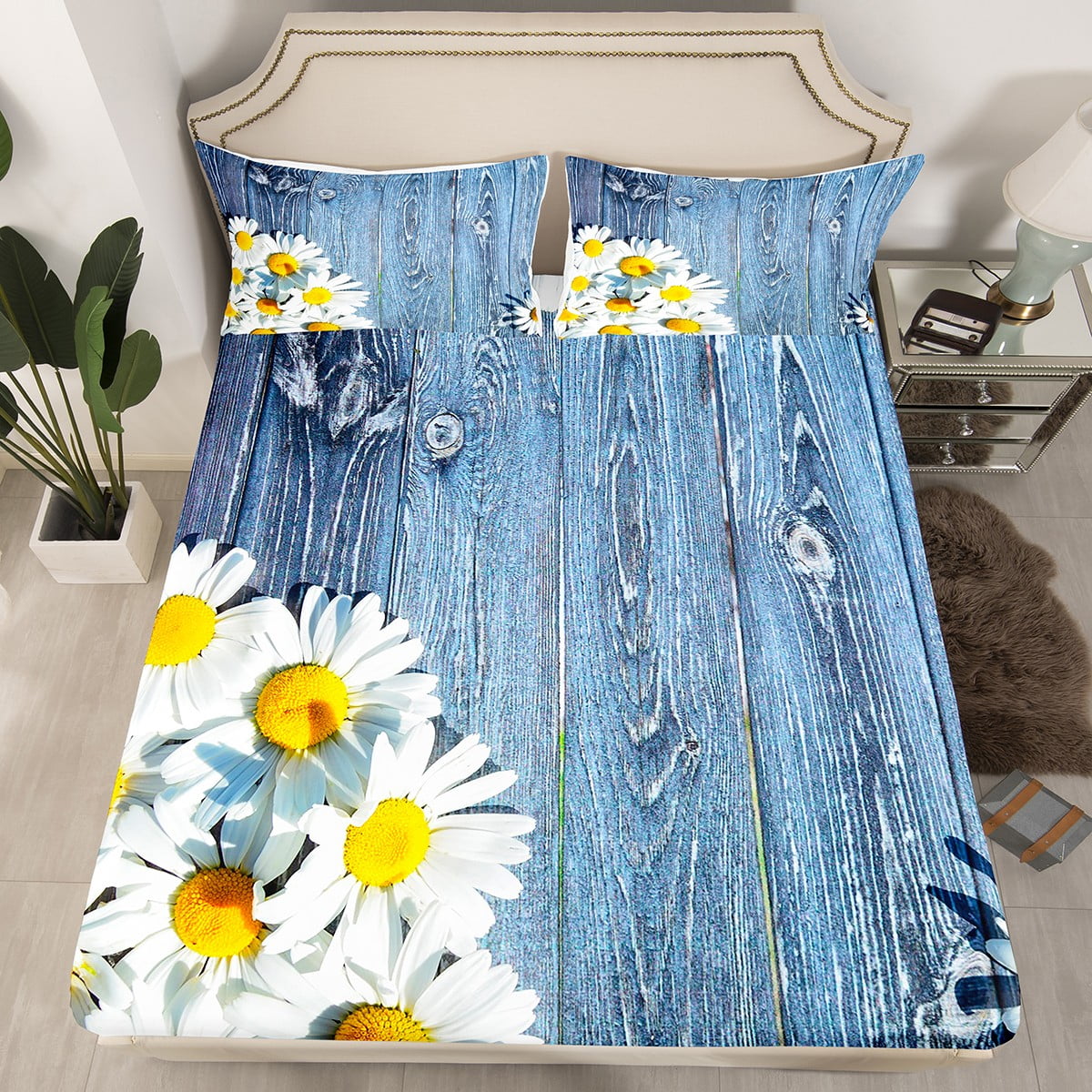 YST Daisy Fitted Sheet White Flowers Twin Bed Sheets for Girls,Boho ...