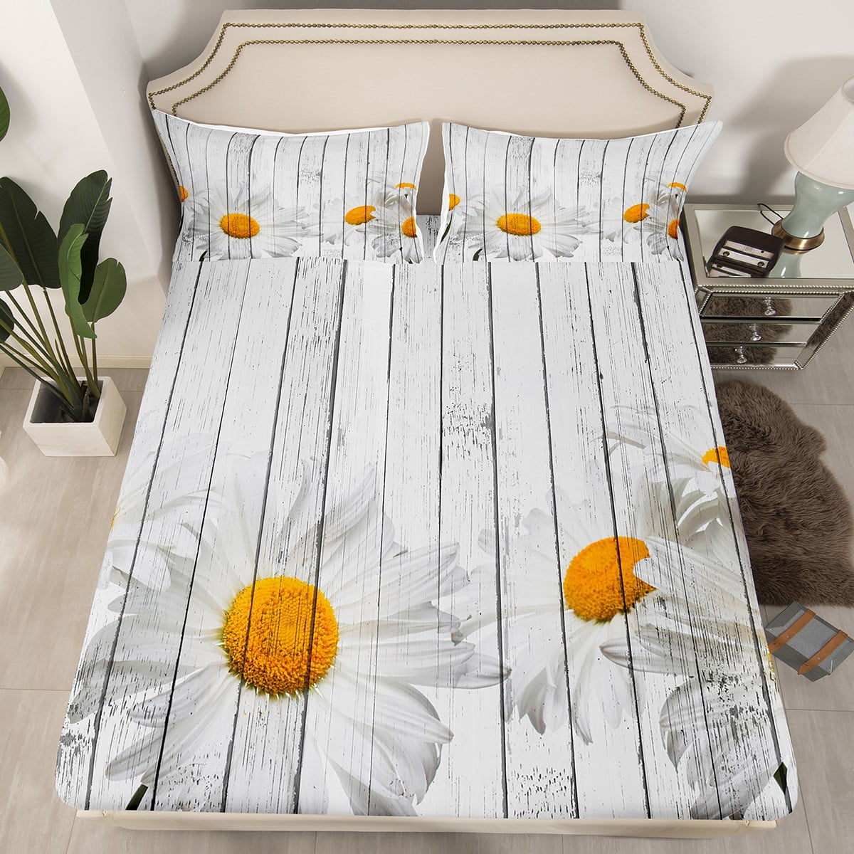 Erosebridal Daisy Fitted Sheet White Flowers Twin Bed Sheets,Boho ...