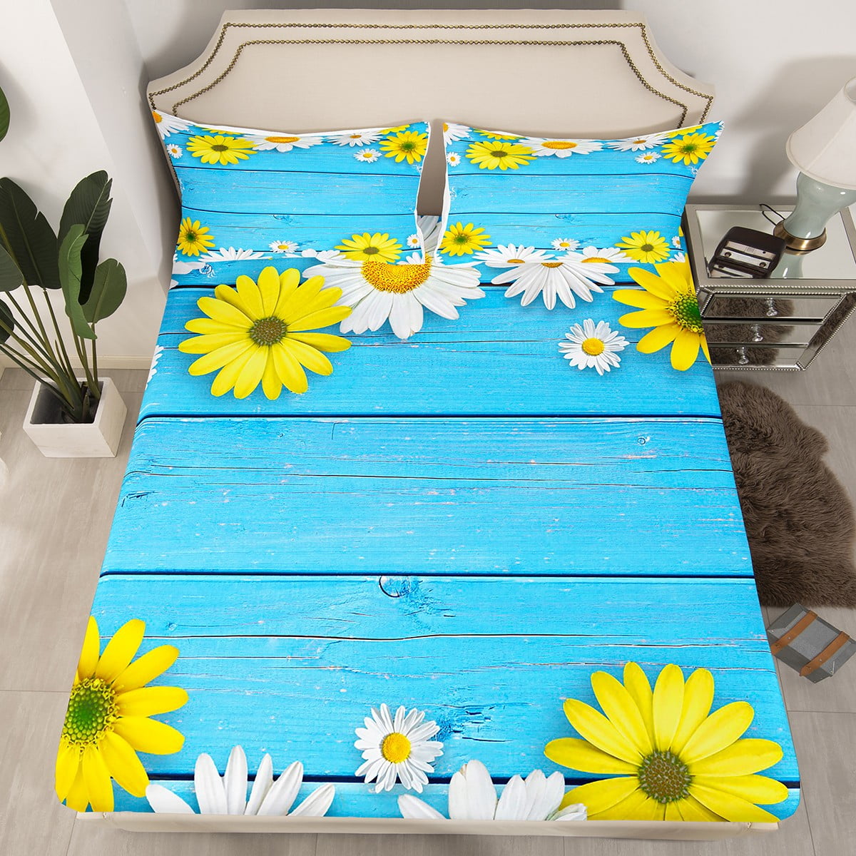 Daisy Fitted Sheet Yellow White Flowers Twin Bed Sheets ,Boho Floral ...