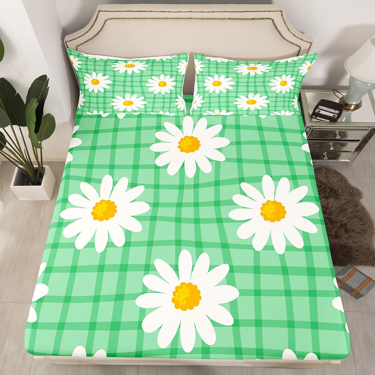 YST Daisy Floral Fitted Sheet Garden White Flowers Twin Bed Sheets for ...