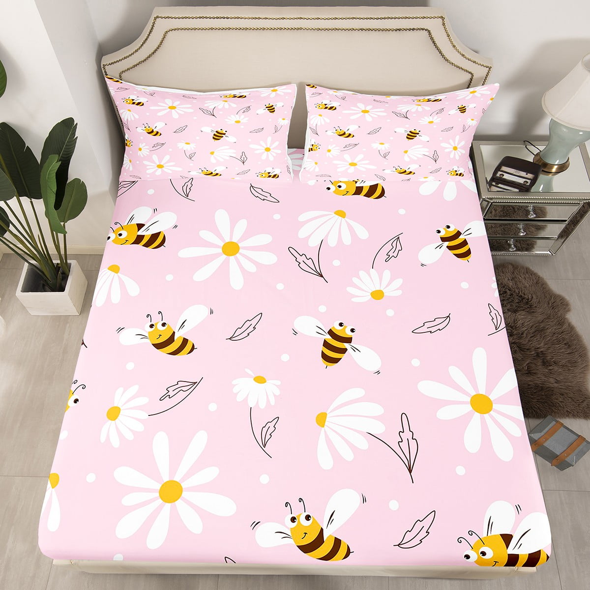 YST Daisy Floral Full Bed Sheets for Girls,Kawaii Honeybee Sheets ...
