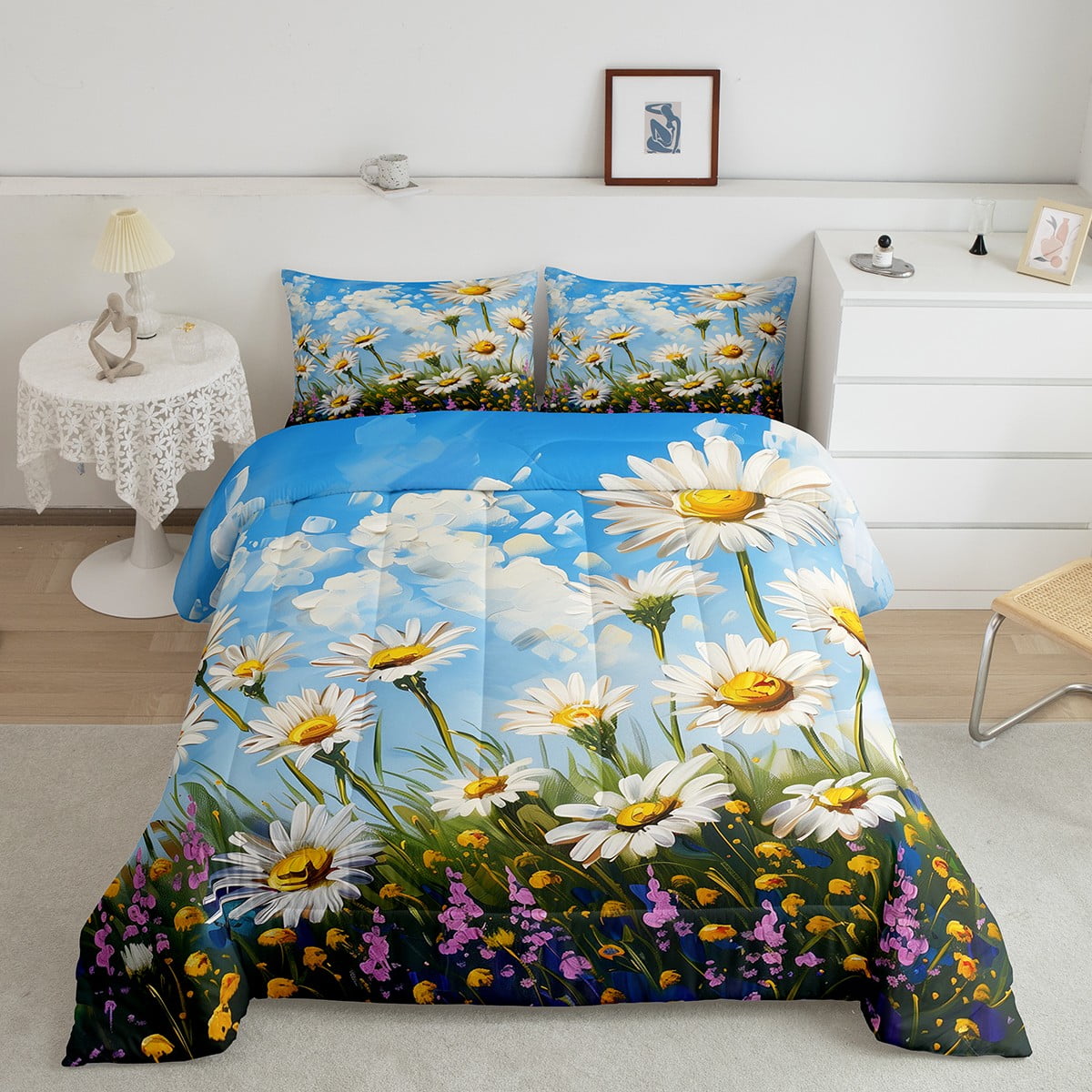 Erosebridal Daisy Full Size Comforter Set, White Flower Floral Bedding ...