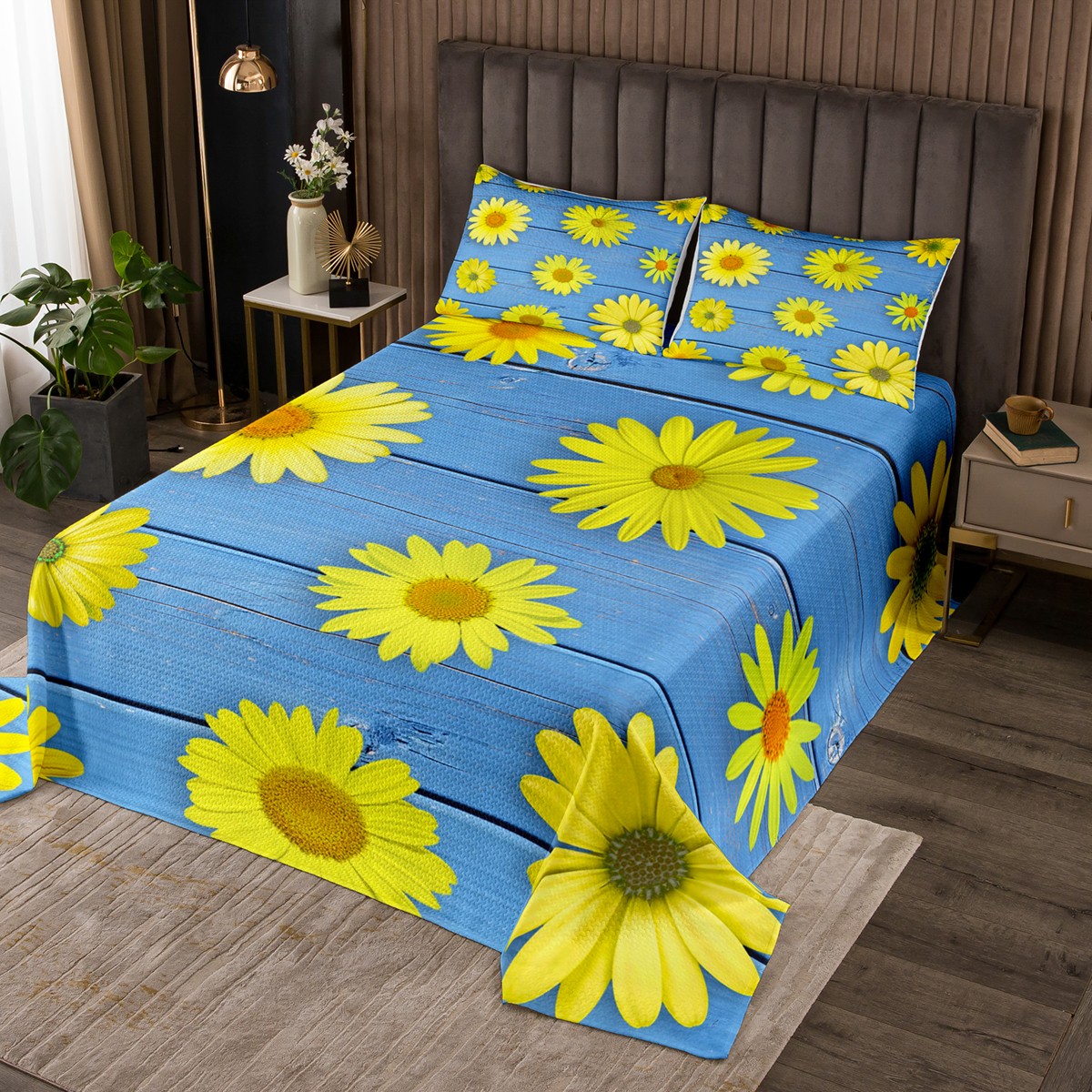 YST Daisy King Bedspread Set for Girls,Yellow Flowers Coverlet Set ...