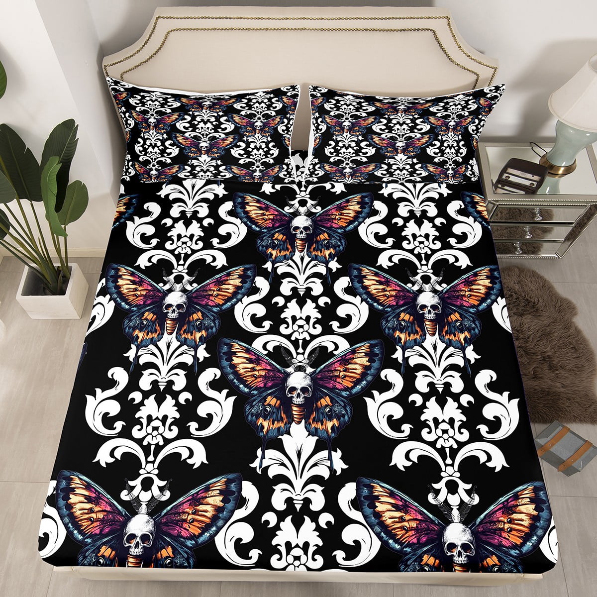 YST Damask Bedding Set Full Size Gothic Moth Bed Sheets For Kids Woman ...