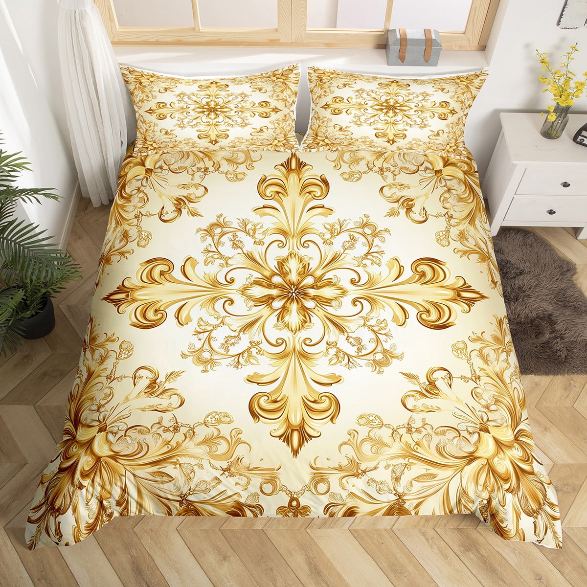 Damask Comforter Cover Queen Size Botanical Exotic Bedding Set Luxury ...