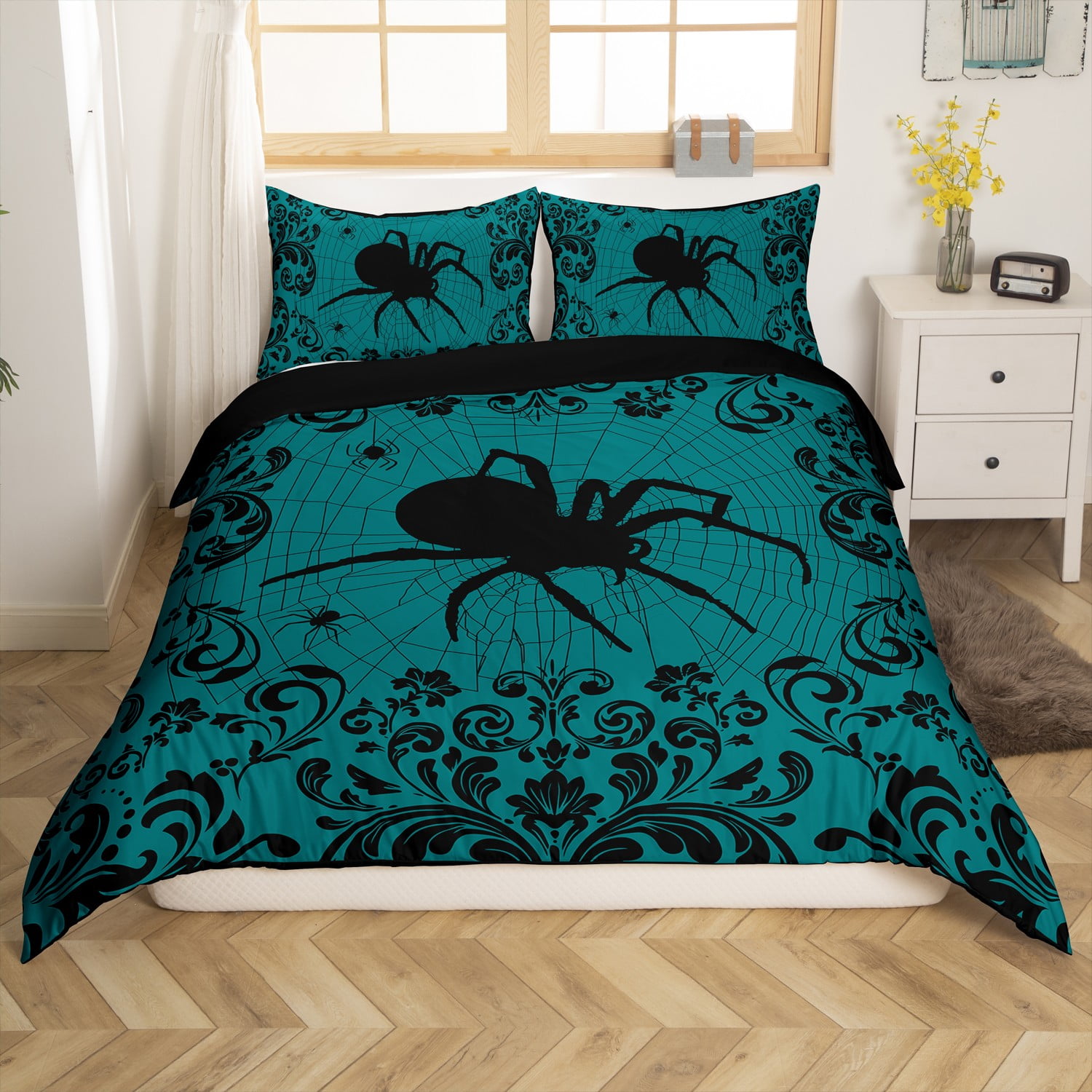 Erosebridal Damask Spider Duvet Cover Full Teal Black Floral Spider Web ...
