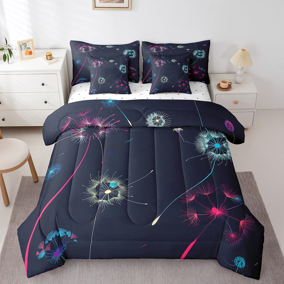 Dandelion Quilt with Flat Fitted Sheet Colorful Dandelion Bed In A Bag 7 Piece Full Fantasy ...