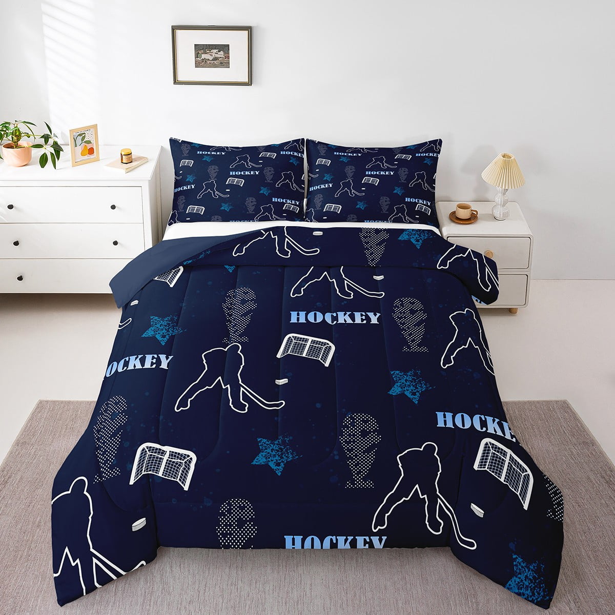 YST Dark Blue Hockey Twin Bedding Set for Boys Girls Kids,Ice Hockey ...