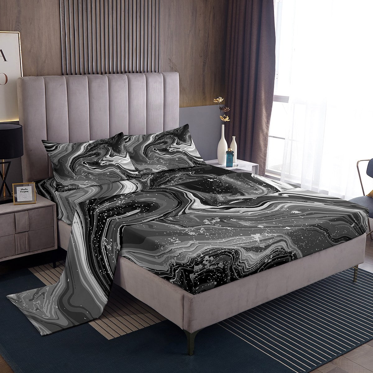 Dark Gray Marbling Twin Sheets Grey Black Bed Set, Abstract Geometry ...