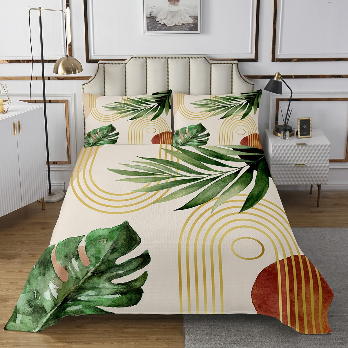 Dark Green Boho Quilt Set Queen Tropical Botanical Bedspread Set ...