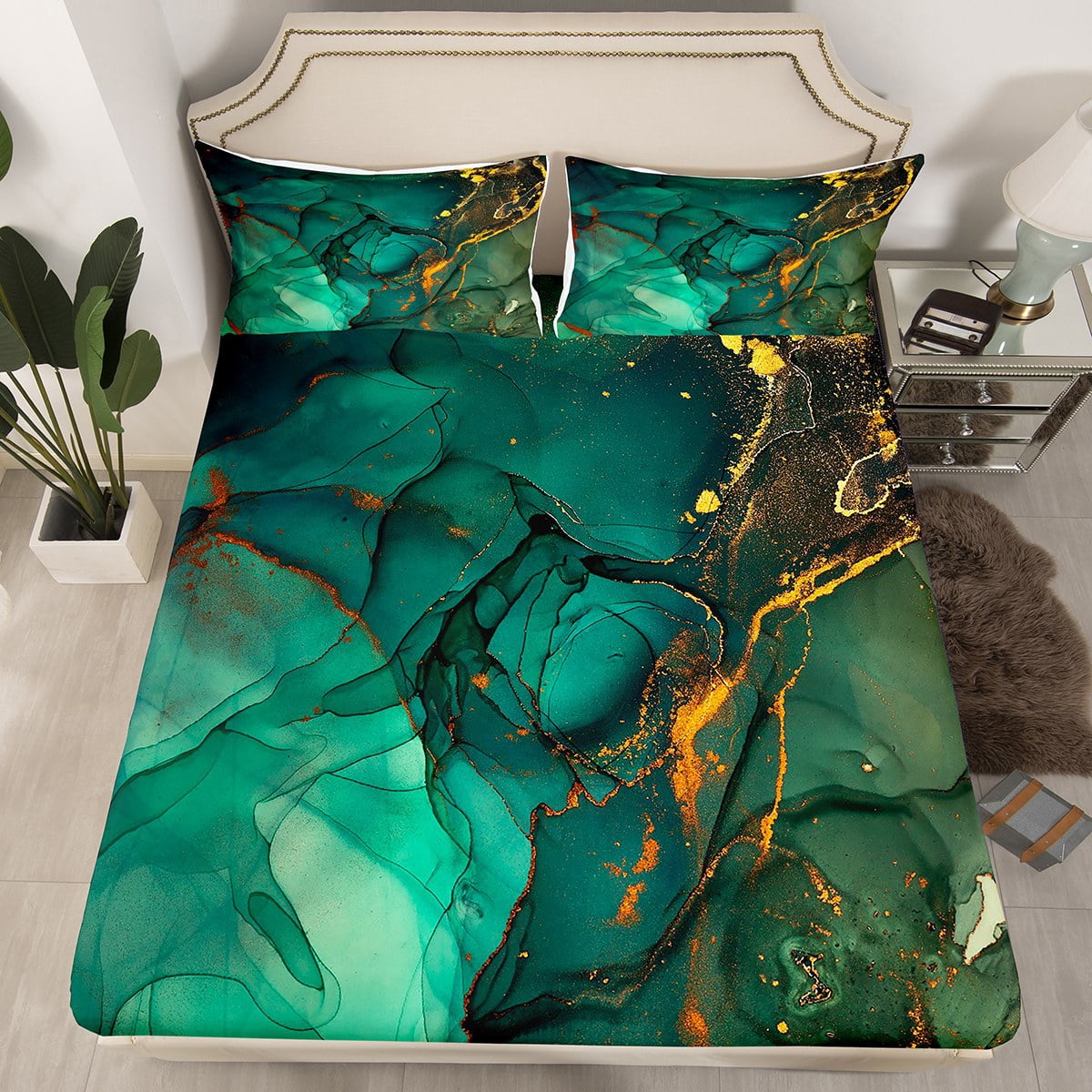 Erosebridal Dark Green Marbling Bed Sheets Aqua Turqoise Fitted Sheet ...