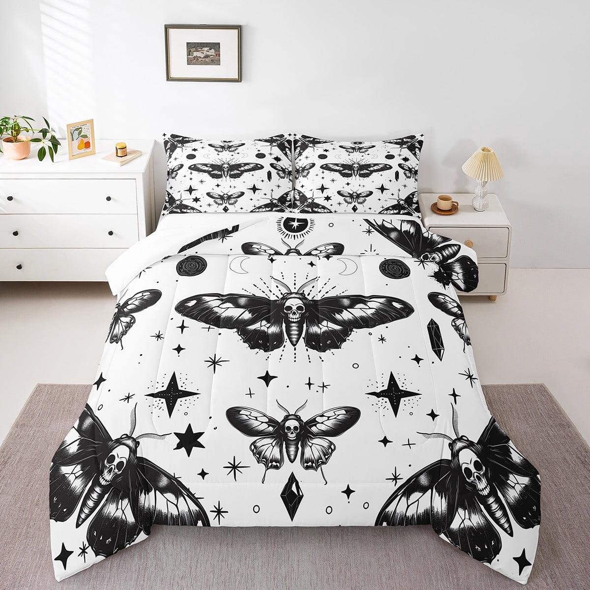 Death Moth Comforter Set Queen Size, Halloween Skull Bedding Set Gothic ...