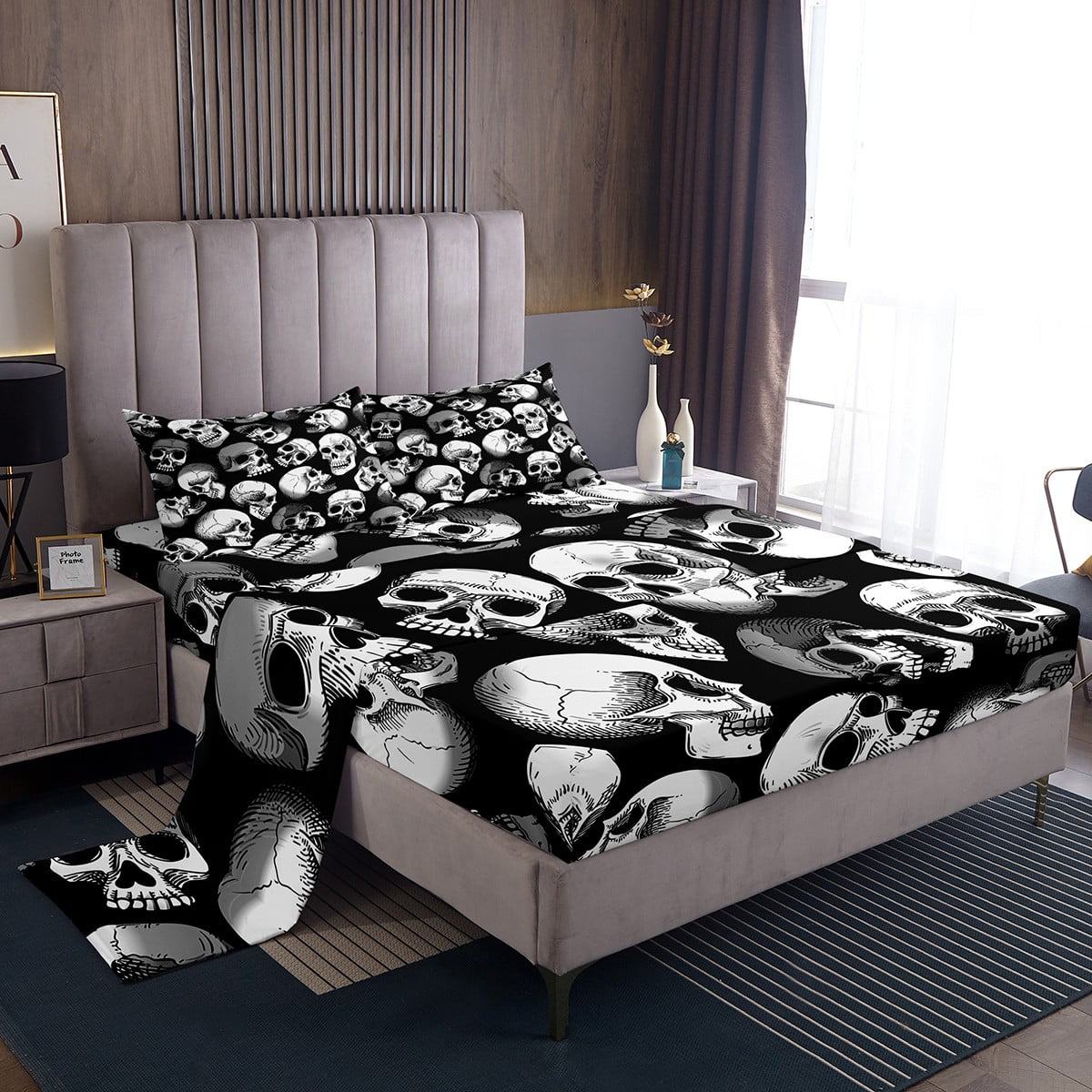 Death Skull Bed Set White Grey Black Ombre Bed Sheets Set, Candy Skull ...
