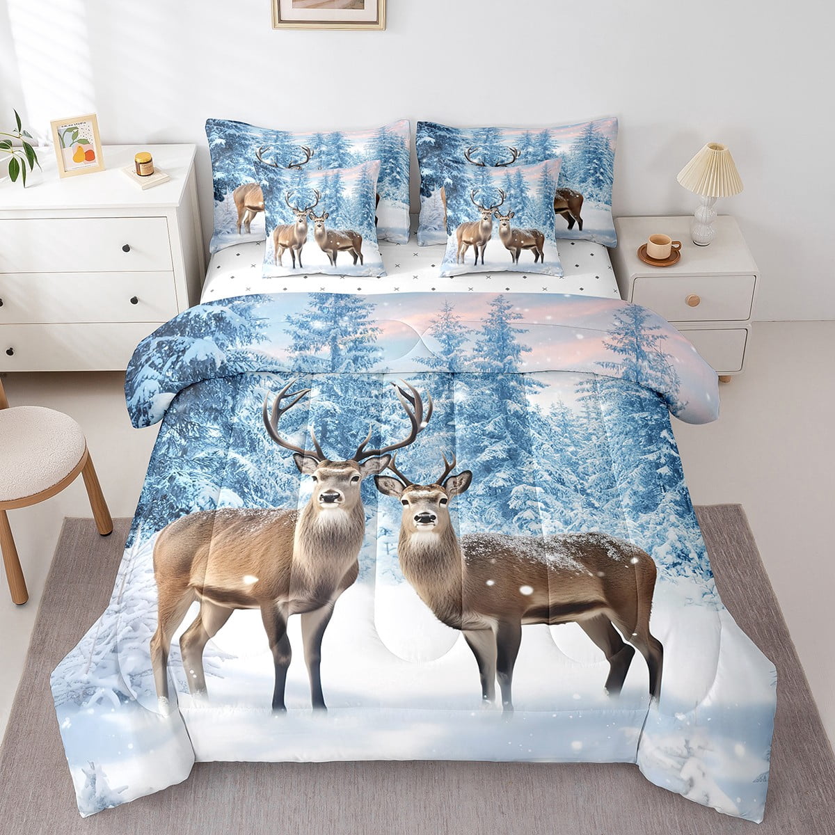 Deer 7 Pcs Comforter Set Twin Size,Winter Snowflake Reversible Bed in a ...
