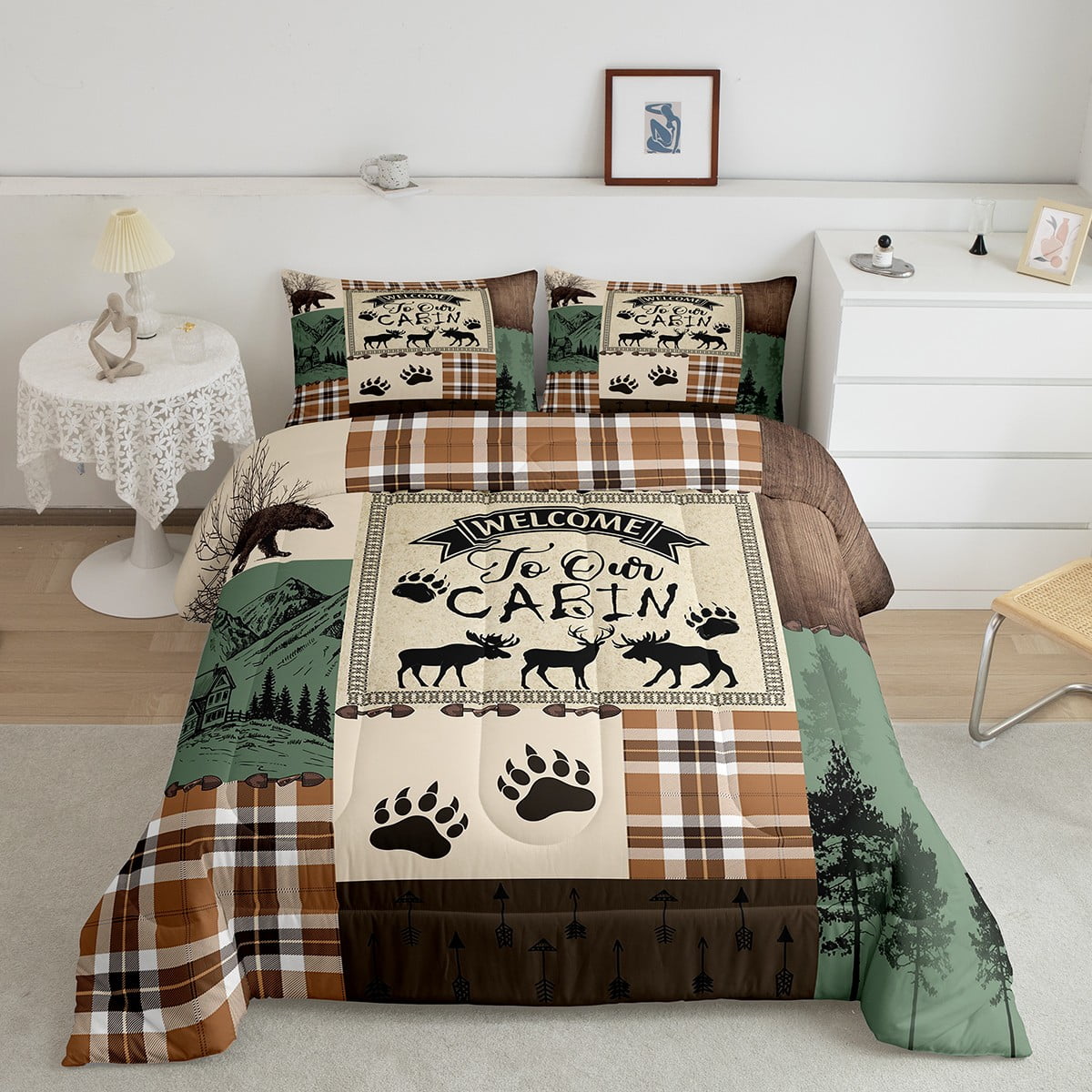 YST Deer Bear Moose Comforter Set, Cabin Rustic Lodge Bedding Set Queen ...