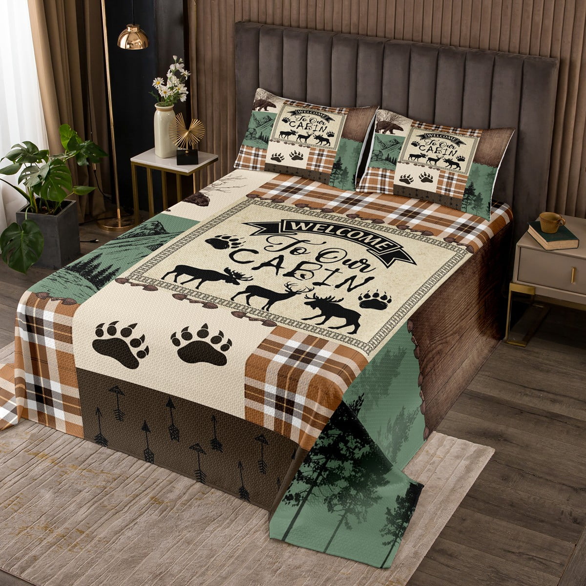 Deer Bear Moose Coverlet Set, Cabin Rustic Lodge Bedspread Set King ...