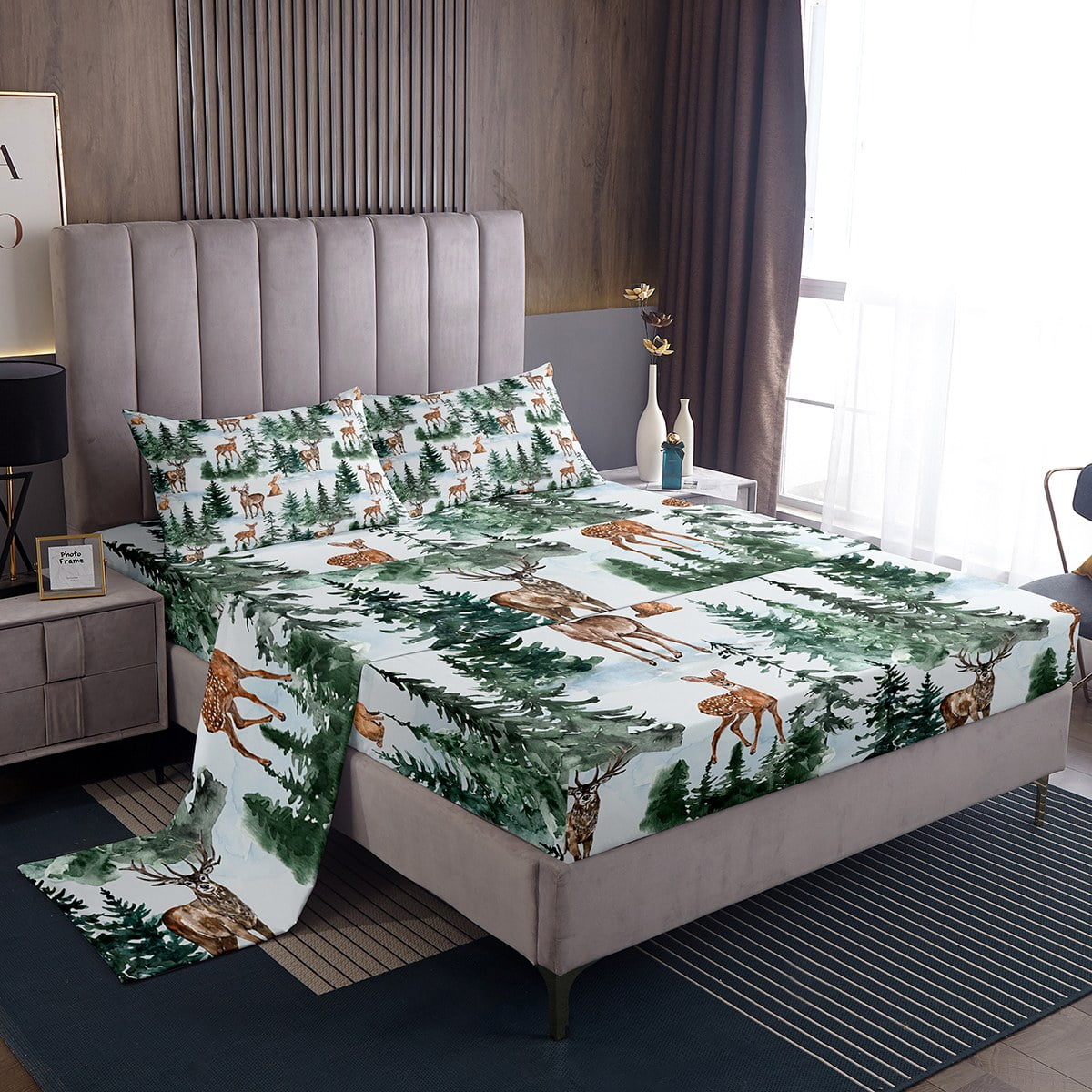 YST Deer Bed Sheets Full Size,Christmas Tree Rustic Cabin Sheet Set for ...