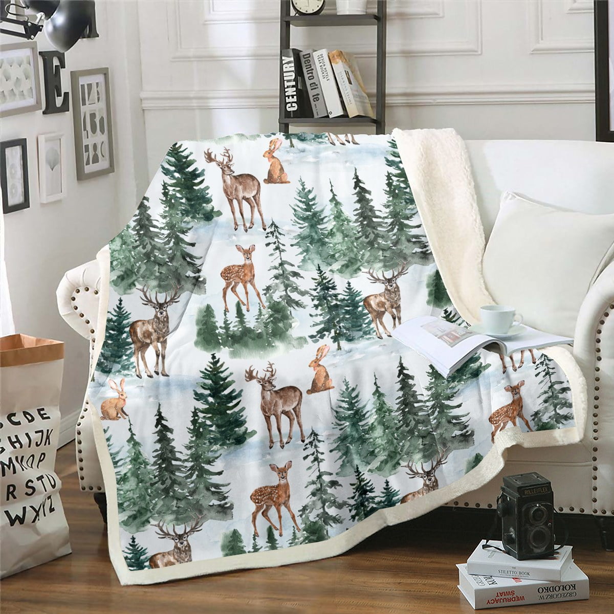 Deer Blanket,Christmas Tree Rustic Cabin Throw Blanket ,Rabbit Reindeer Moose Jungle Animal ...