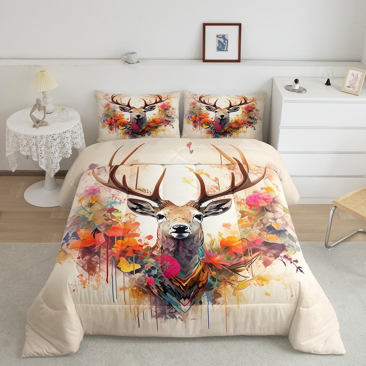 Deer Comforter Set Kawaii Deer Bedding Sets King,Floral Cute Deer ...