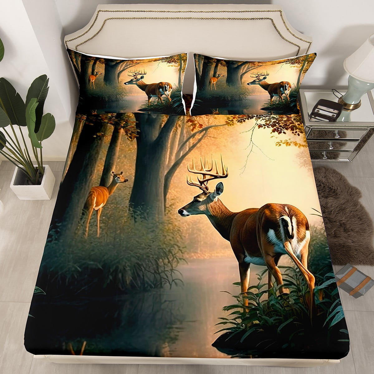 Erosebridal Deer Fitted Sheet,Rustic Hunting Animal Bed Sheets Queen ...