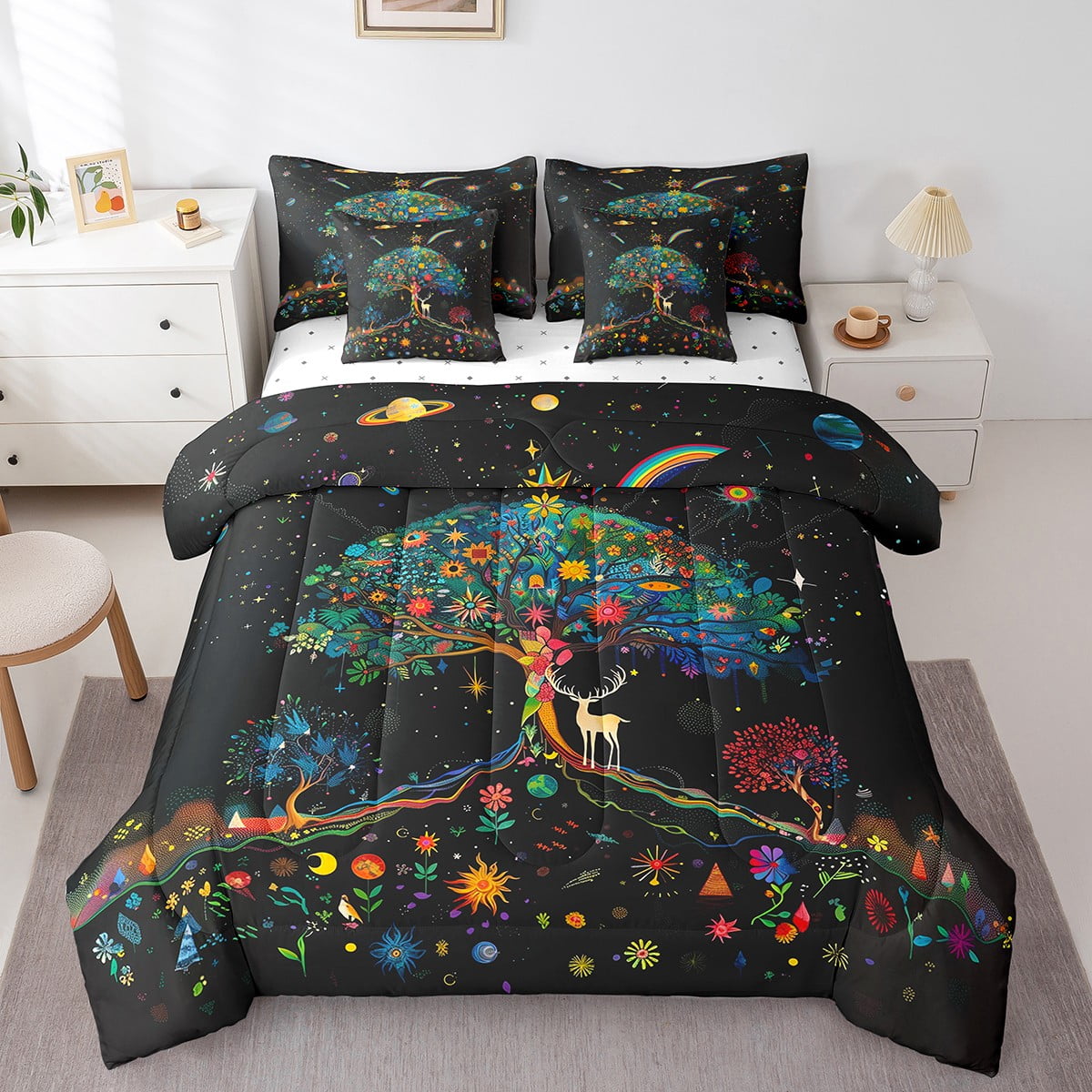 Deer Floral Sheet Set with Comforter Colorful Boho Tree Comforter Set ...
