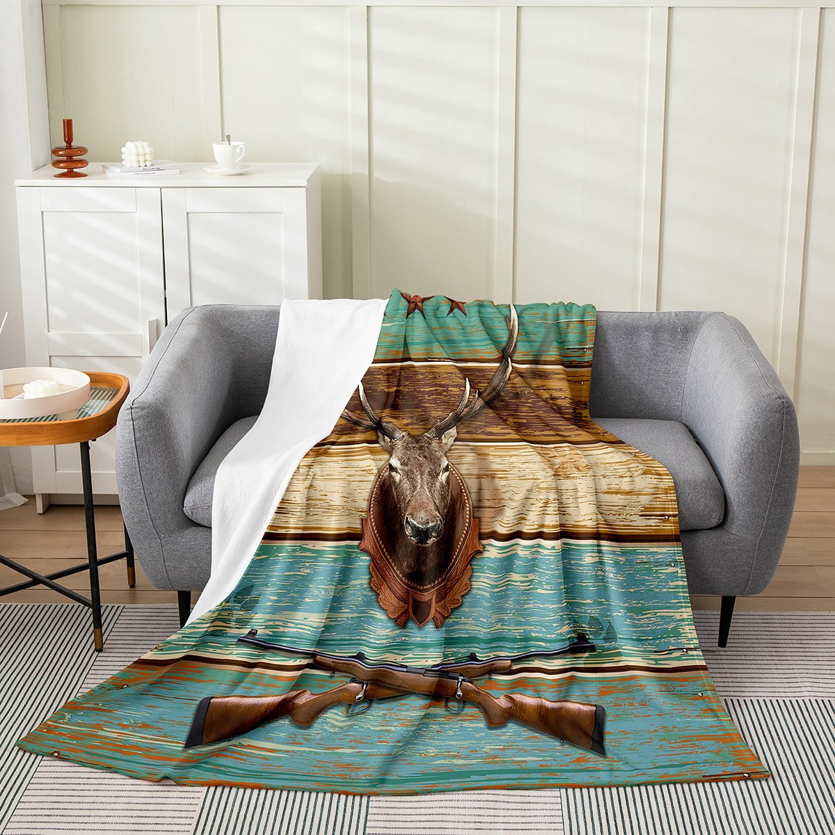 Deer Hunting Fleece Blanket,Hunter Shotgun Throw Blanket Western ...