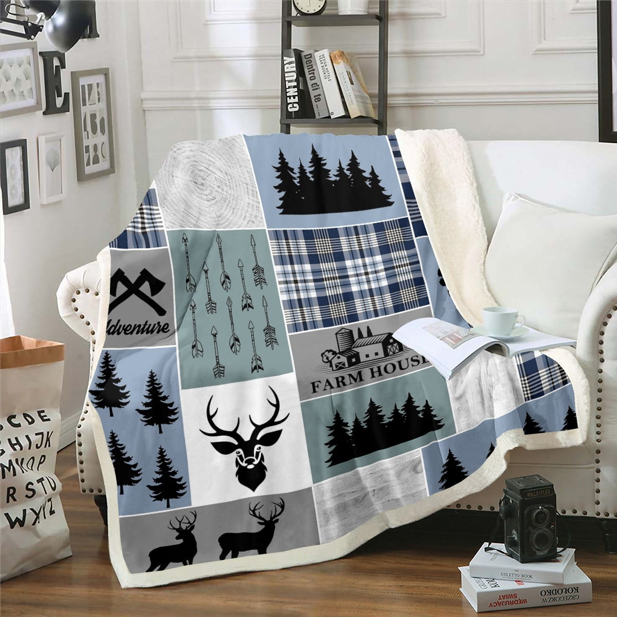 Deer Hunting Sherpa Blanket , Retro Cabin Fleece Blanket In Blue, Black, And Grey Woodland ...