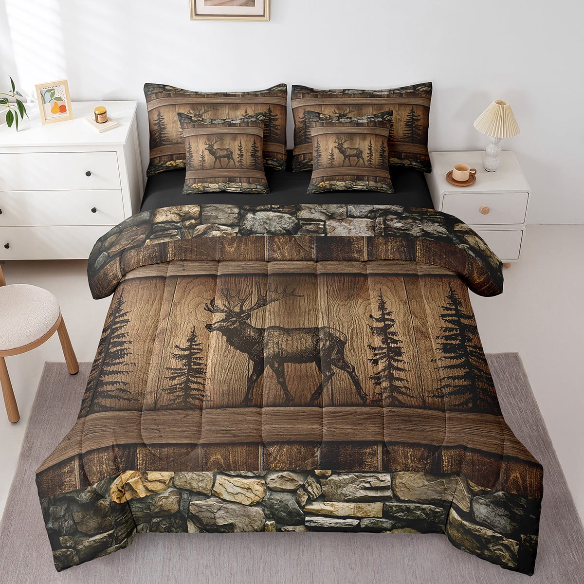 YST Deer Moose Bed In A Bag 7 Piece Full Rustic Cabin Lodge Comforter ...