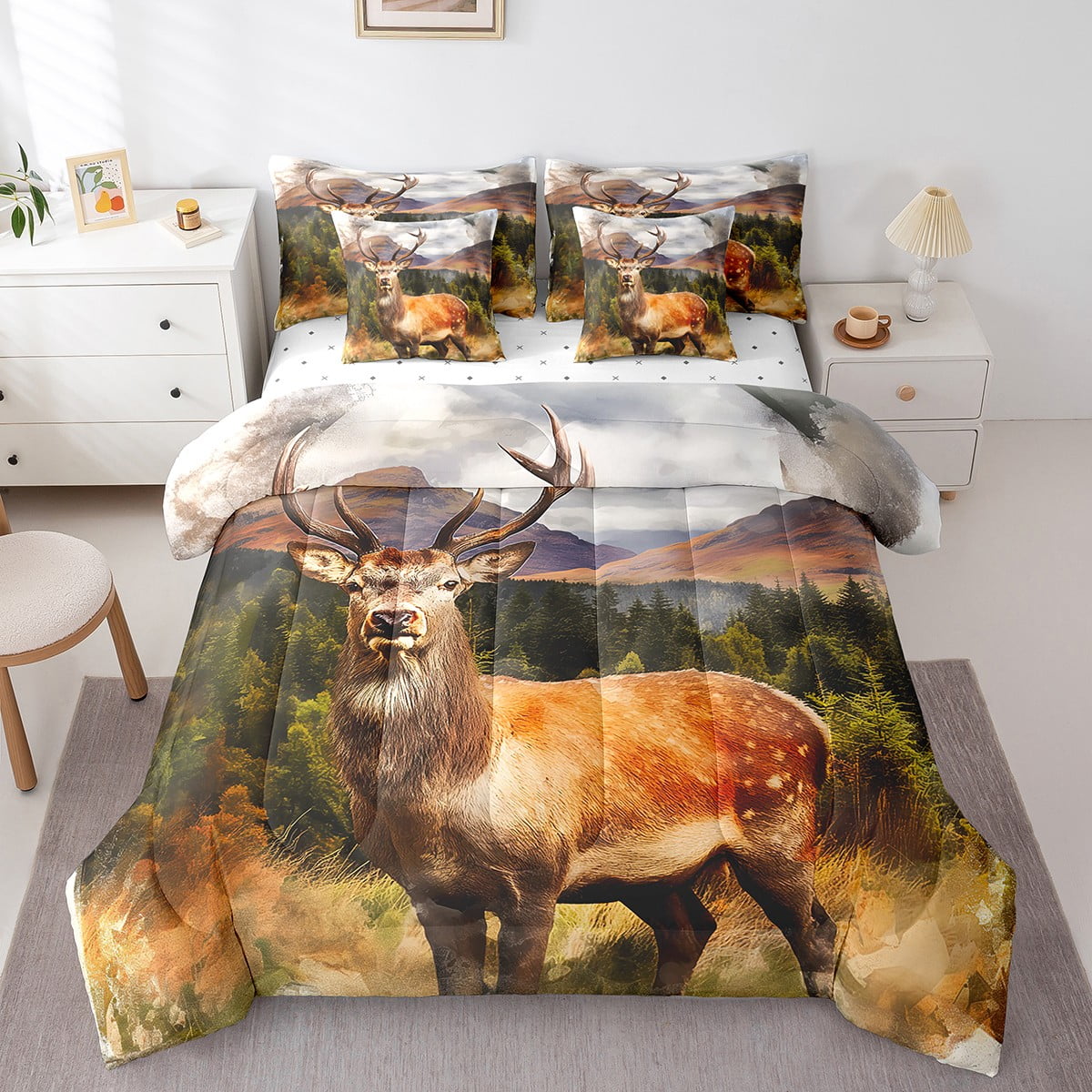 YST Deer Moose Bed in a Bag 7-Piece Hunting Theme Bedding Set, Woodland ...