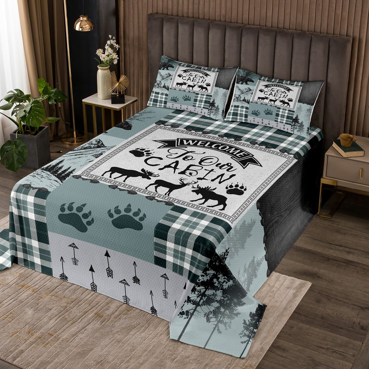 Erosebridal Deer Moose Quilt Set, Rustic Plaid Patchwork Coverlet Set ...