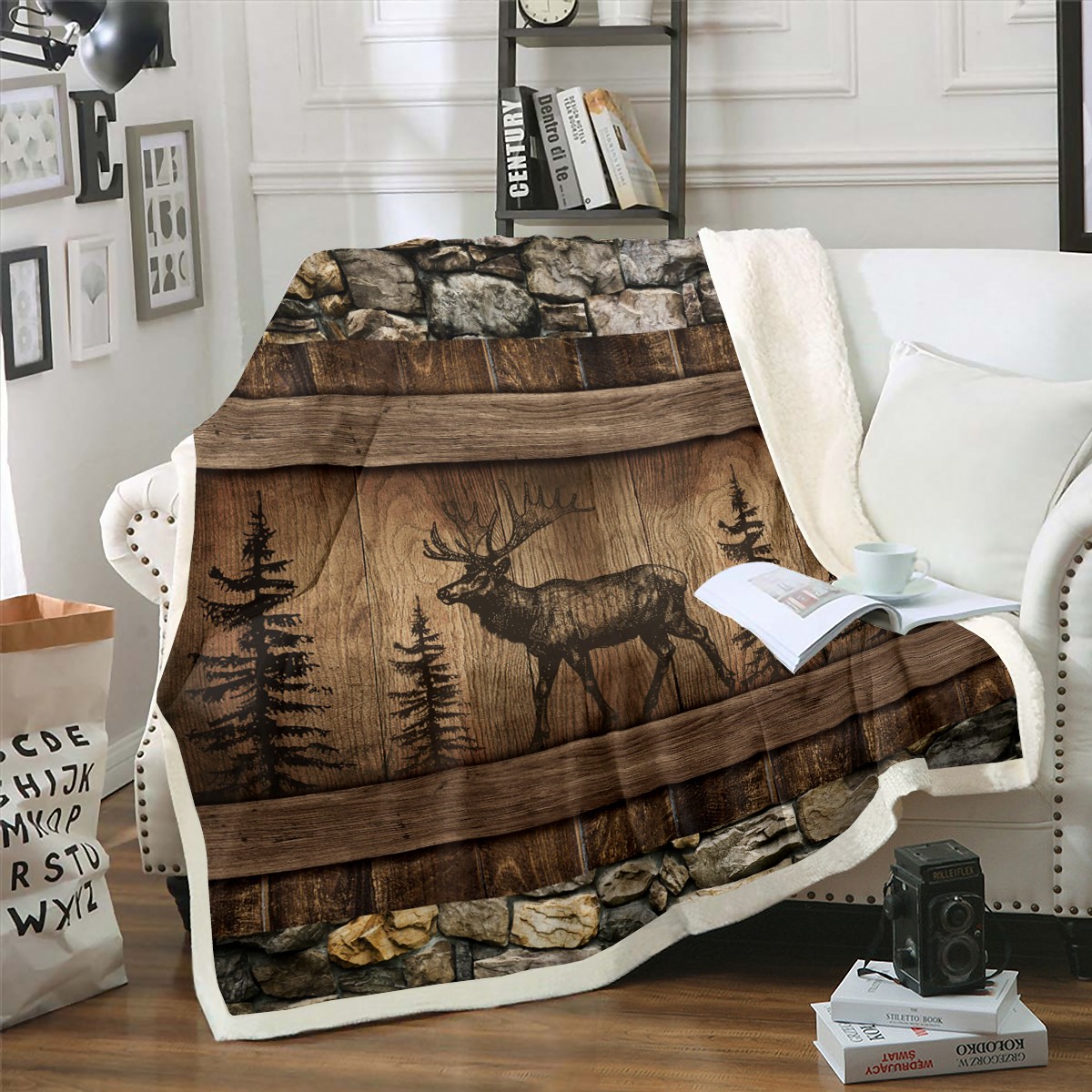 Deer Moose Sherpa Blanket 40"X50" Rustic Cabin Lodge Fleece Blanket ...