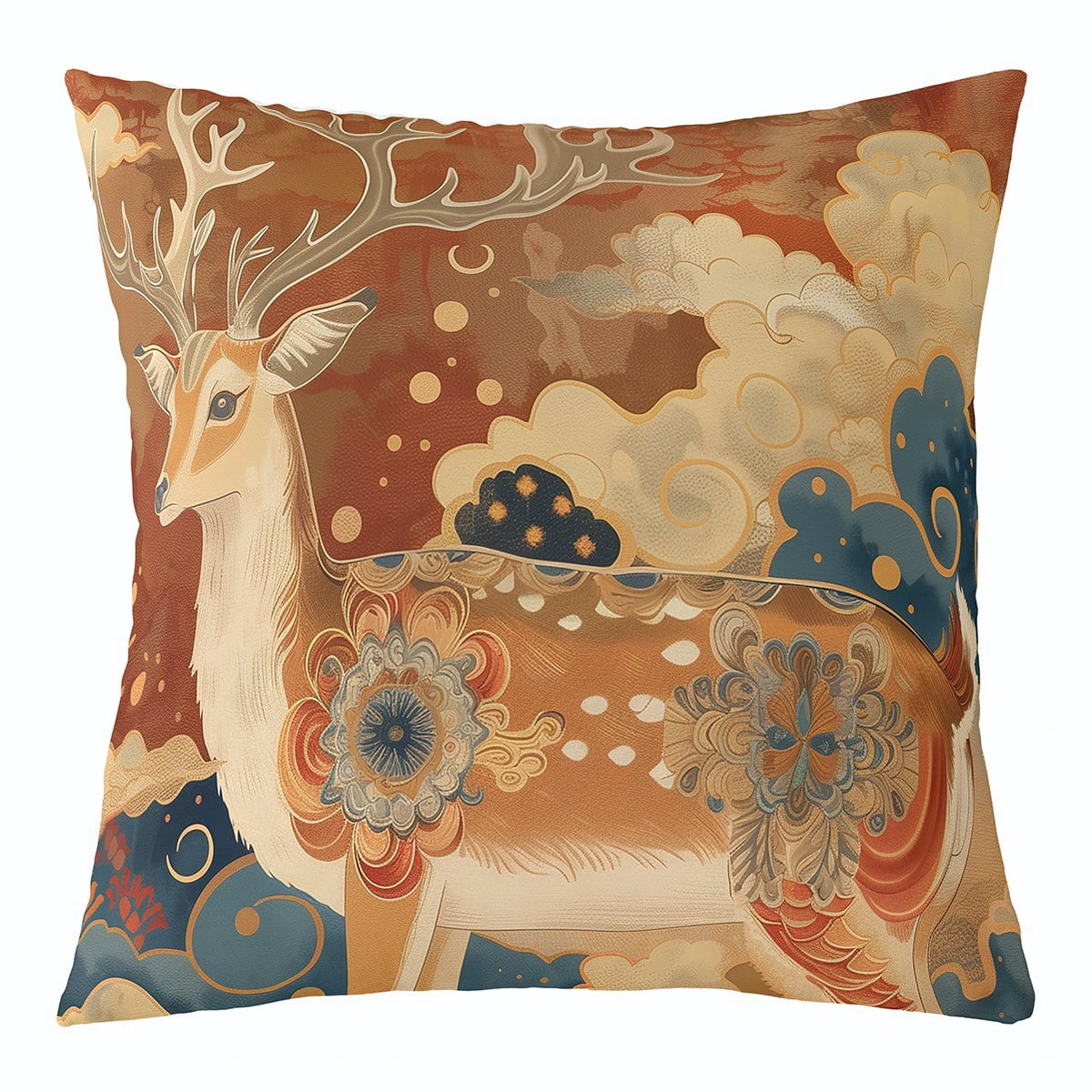 Deer Print Pillow Cover,Oriental Art Style Throw Pillow Cover Floral ...