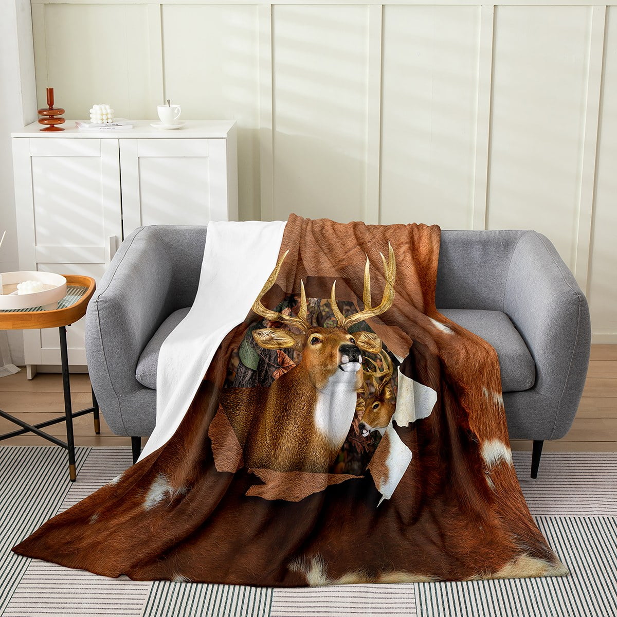 Deer Throw Blanket,Woodland Elk Moose Antlers Fleece Blanket Queen ...