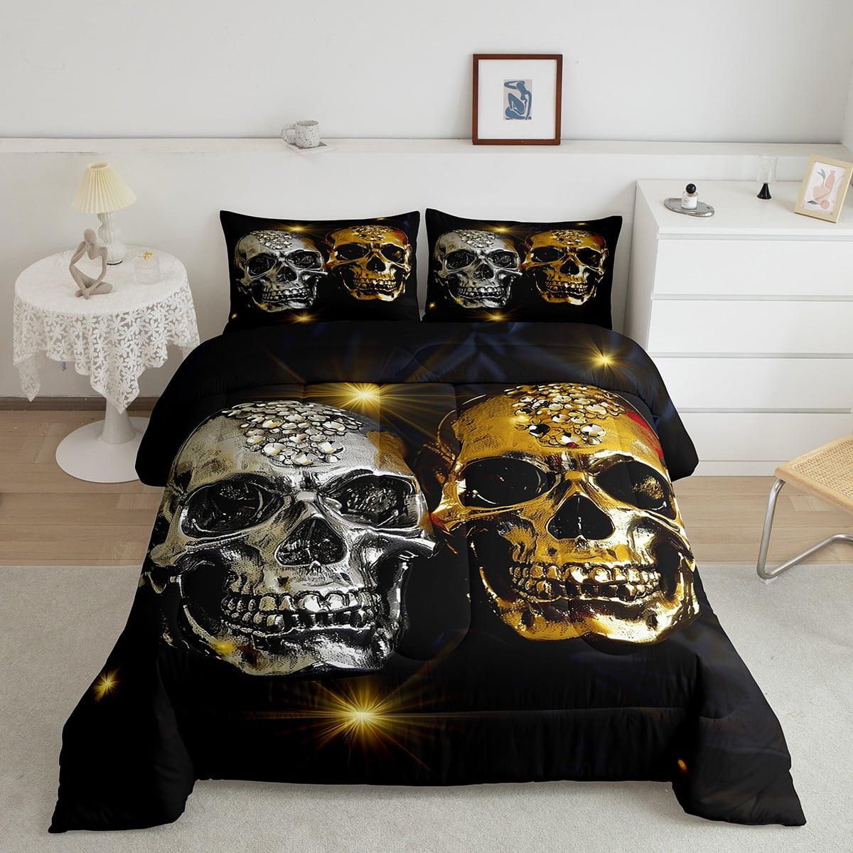 Diamond Skull Bedding Set Couple Skull Comforter Set Queen Size Adults,Gothic Bones Skeleton ...