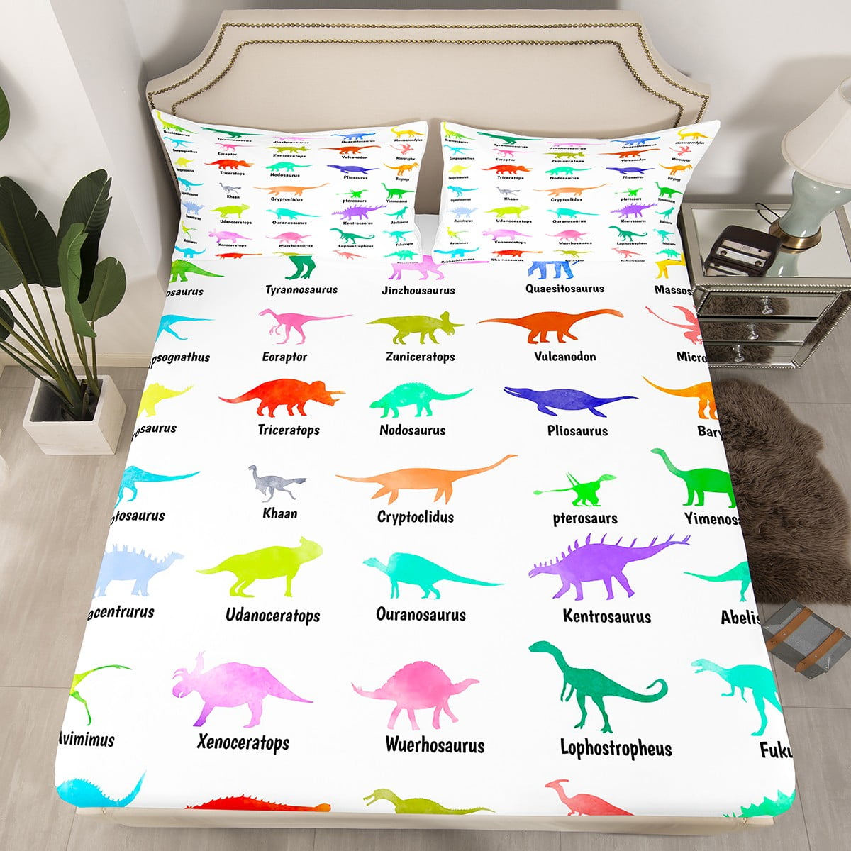 Erosebridal Dino Fitted Sheet,Watercolor Cartoon Dinosaur Bed Sheets Full,,Set of Ancient ...