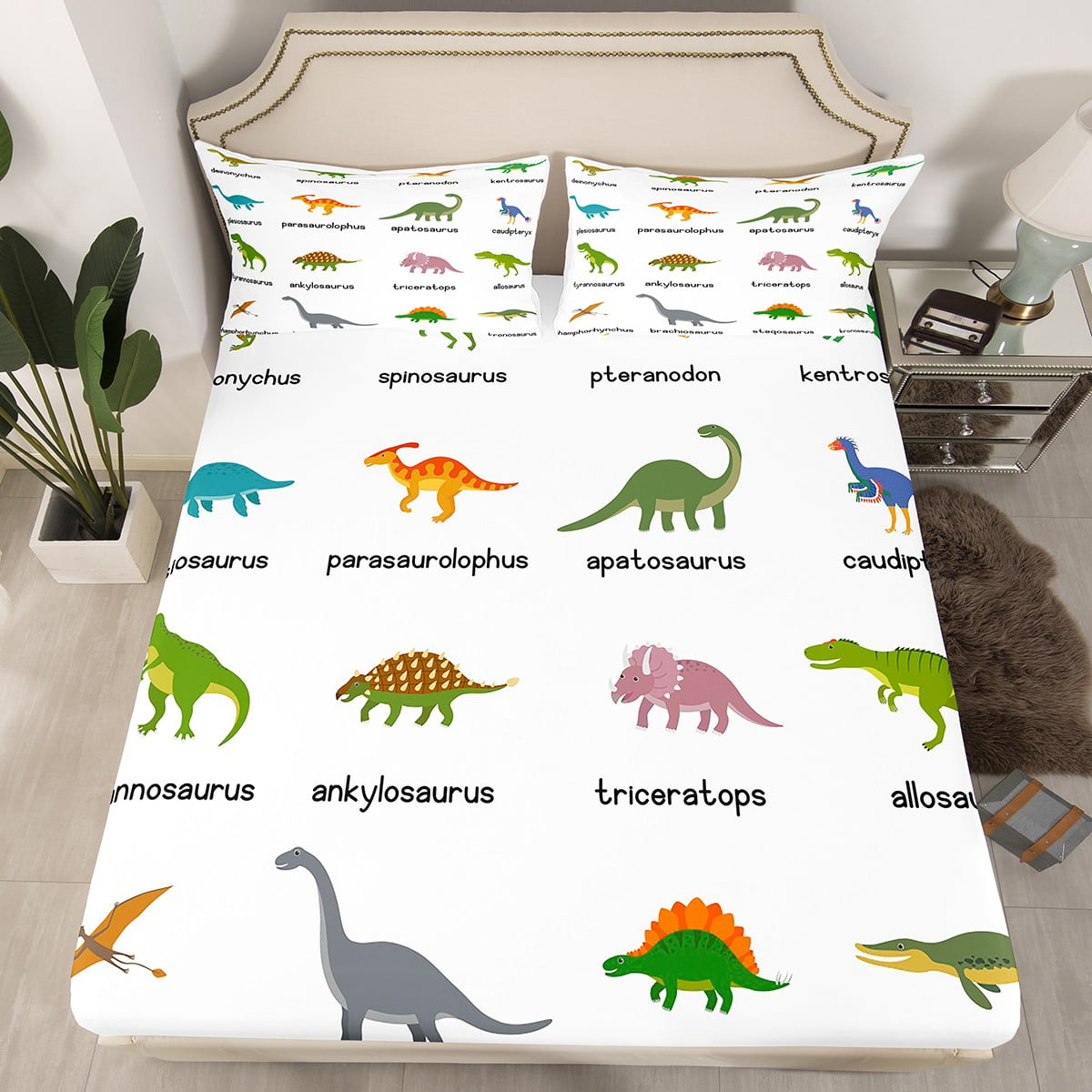 YST Dino Fitted Sheet for Kids,Dinosaur Bed Sheets for Boys Queen,Set of Ancient Dinosaur Bed ...