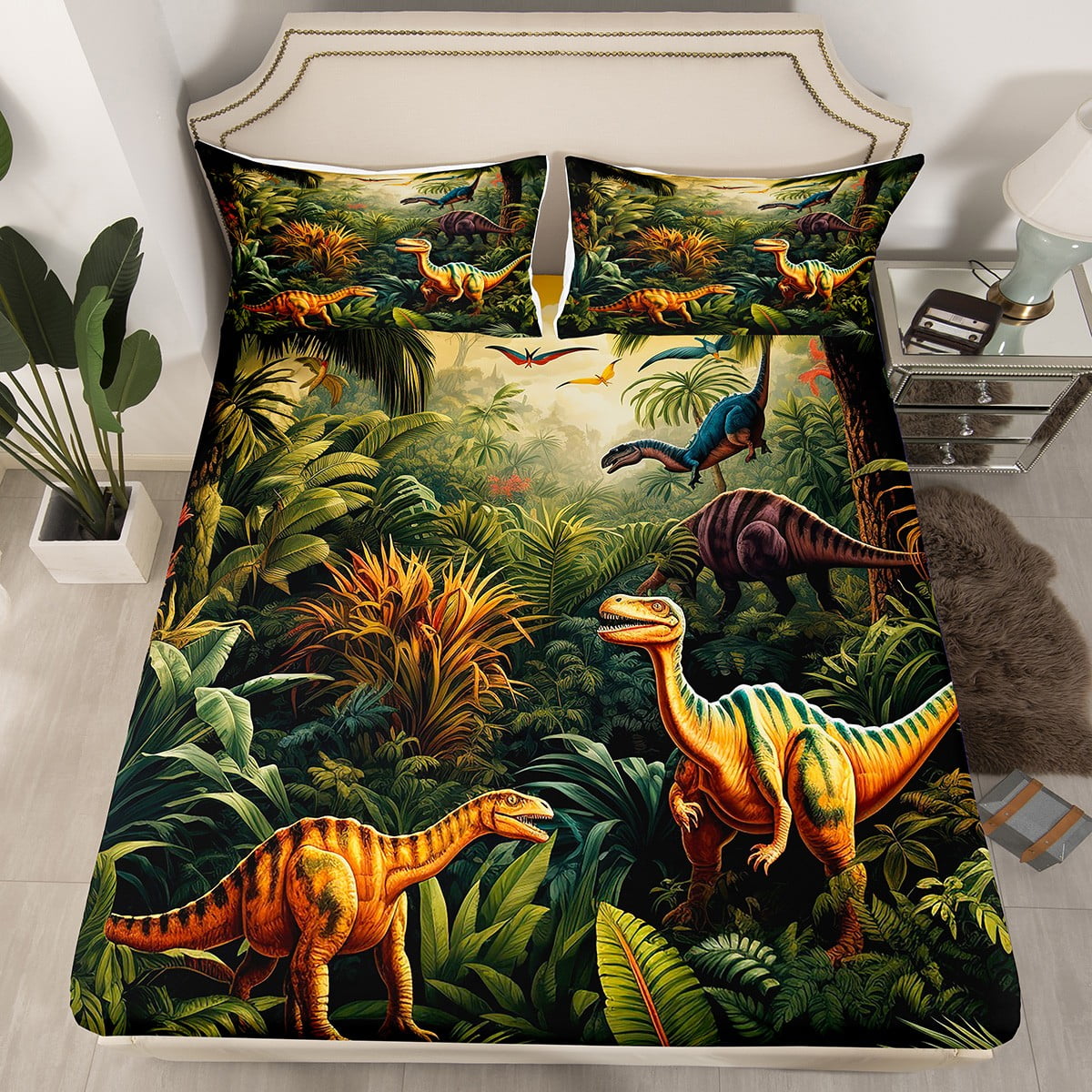 YST Dinosaur Bed Sheets Cartoon Dino Toddler Bedding Sets, Tropical Wild Animal Fitted Sheet for ...