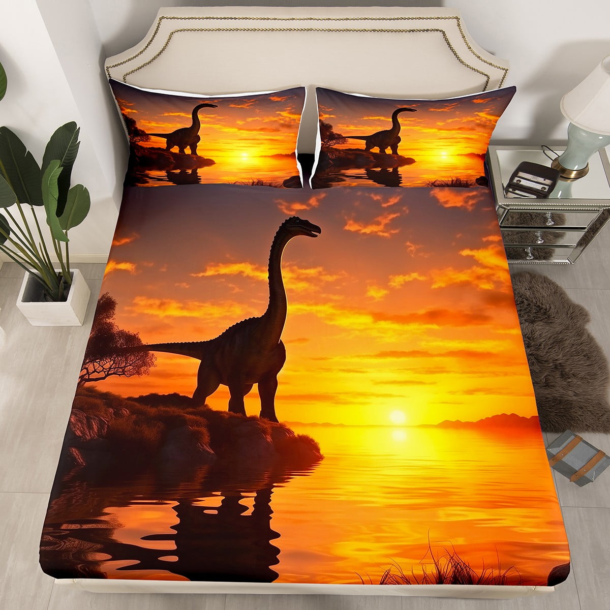 YST Dinosaur Bedding Set for Girls Boys Kids,Jungle Animal Fitted Sheet Queen Dinosaur Birthday ...