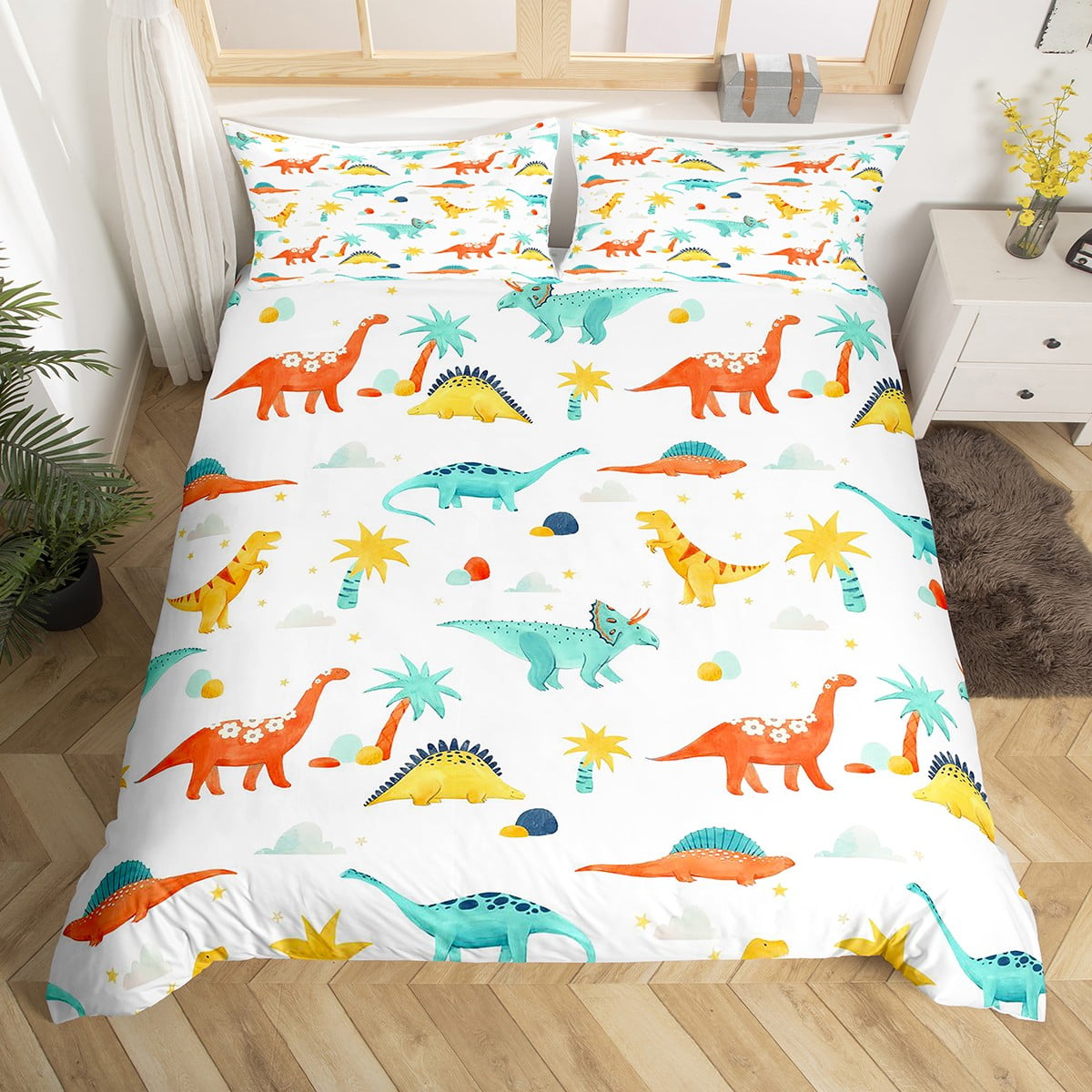 YST Dinosaur Duvet Cover Twin Watercolor Dino Bedding Set Tropical Palm Tree Comforter Cover ...