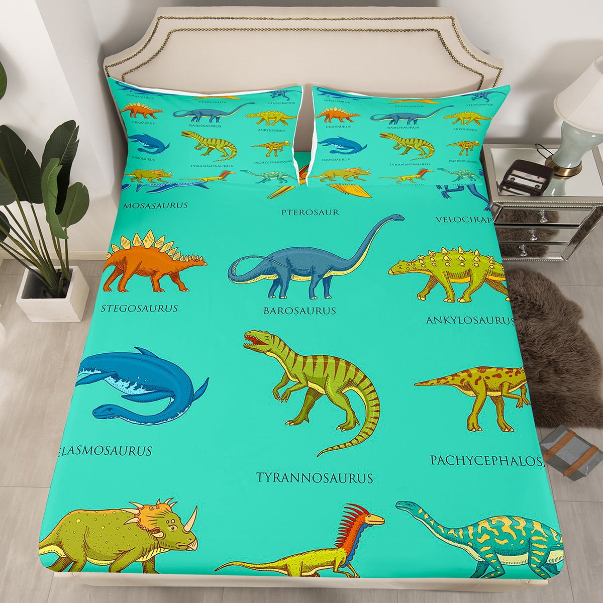 YST Dinosaur Fitted Sheet for Kids Toddler Queen Size,Dino Bed Sheets for Girls,Set of Ancient ...